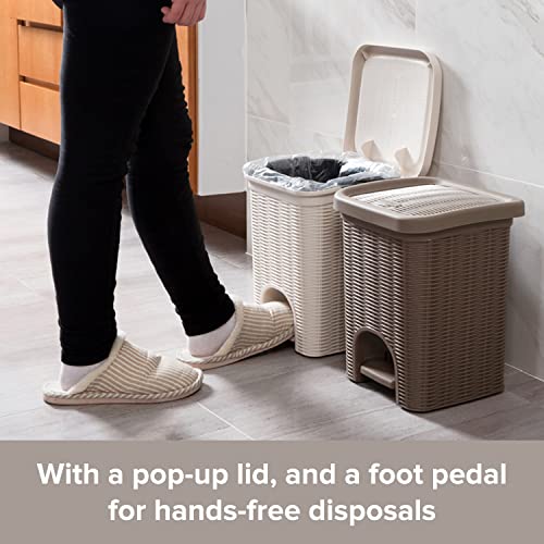 Rattan Style Plastic Garbage Can - Touchless Trash Can with Foot Pedal - Step On Trash Can with Lid - Double Barrel Trash Can for Bathroom - Kitchen Trash Can - Pop Up Trash Bin - 7.8"x12.4" - Brown