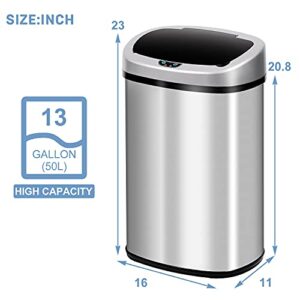 Stainless Steel 13 Gallon Touchless Trash Can with Lid, Automatic Kitchen Smart Motion Sensor Trash Garbage Bin, Anti-Fingerprint Mute Designed Trash Bin for Kitchen Living Room Office (Silver)