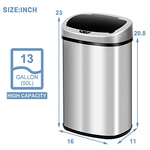 Stainless Steel 13 Gallon Touchless Trash Can with Lid, Automatic Kitchen Smart Motion Sensor Trash Garbage Bin, Anti-Fingerprint Mute Designed Trash Bin for Kitchen Living Room Office (Silver)