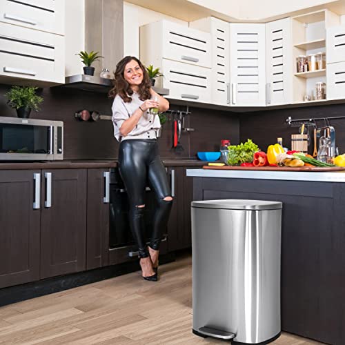 Stainless Steel Trash Can Step 13 Gallon Metal Trash Can with Lid Large Garbage Cans for Kitchen,Bathroom,Restroom Office Trash Bin Garbage Bin,Wastebasket with Pedal,Silver/Nickel