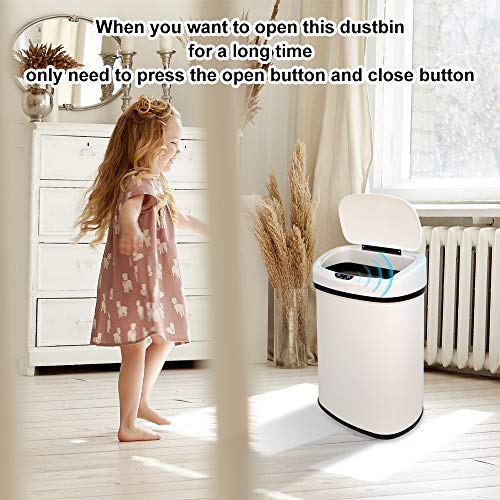 13 Gallon Touch Free Automatic Stainless Steel Trash Can Garbage Can Metal Trash Bin with Lid for Kitchen Living Room Office Bathroom, Electronic Motion Sensor Automatic Trash Can White