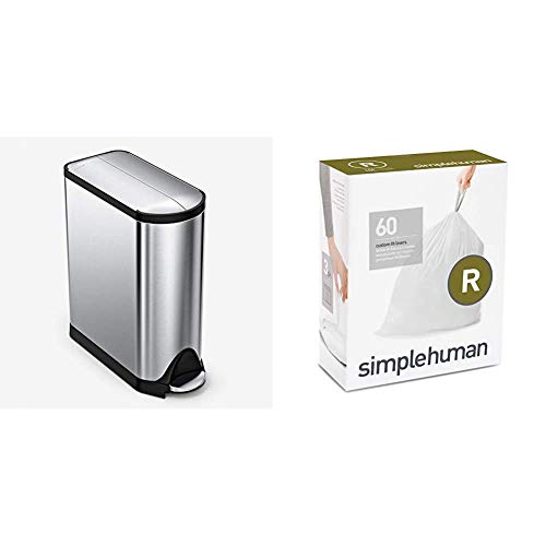 simplehuman 40 Liter / 10.6 Gallon Stainless Steel Dual Compartment Butterfly Lid Kitchen Step Trash Can Recycler, Brushed Stainless Steel & Custom Fit Drawstring Trash Bags, 60 Pack, White, 60 Pack