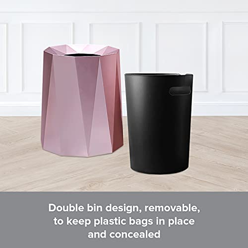 Luxurious Nordic Trash Can - Open Top Geometric Garbage Can - Double Barrel Trash Bin - Waste Basket w/ Removable Plastic Bin - Living Room, Bedroom, Bathroom Trash Can - 8L/2.1Gal Garbage Bin, Rose Gold