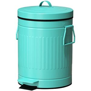 retro trash can with lid – 5l/1.3 gal step trash can w/ soft closing lid – round garbage can w/ handles – touchless trash can w/ removable garbage guard bucket – outdoor garbage can – large trash can, teal