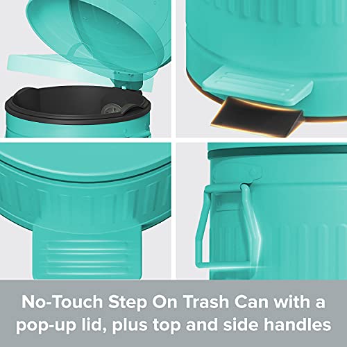 Retro Trash Can with Lid - 5L/1.3 Gal Step Trash Can w/ Soft Closing Lid - Round Garbage Can w/ Handles - Touchless Trash Can w/ Removable Garbage Guard Bucket - Outdoor Garbage Can - Large Trash Can, Teal