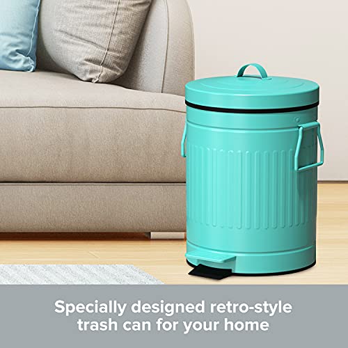 Retro Trash Can with Lid - 5L/1.3 Gal Step Trash Can w/ Soft Closing Lid - Round Garbage Can w/ Handles - Touchless Trash Can w/ Removable Garbage Guard Bucket - Outdoor Garbage Can - Large Trash Can, Teal