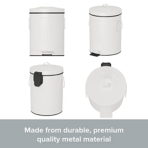 Retro Trash Can with Lid - 5L/1.3 Gal Step Trash Can w/ Soft Closing Lid - Round Garbage Can w/ Handles - Touchless Trash Can w/ Removable Garbage Guard Bucket - Outdoor Garbage Can - Large Trash Bin, White