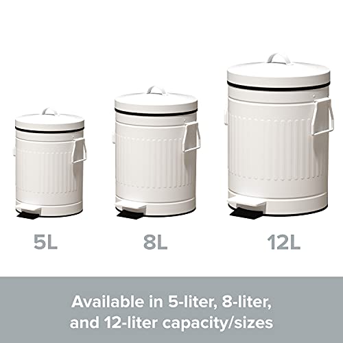 Retro Trash Can with Lid - 5L/1.3 Gal Step Trash Can w/ Soft Closing Lid - Round Garbage Can w/ Handles - Touchless Trash Can w/ Removable Garbage Guard Bucket - Outdoor Garbage Can - Large Trash Bin, White