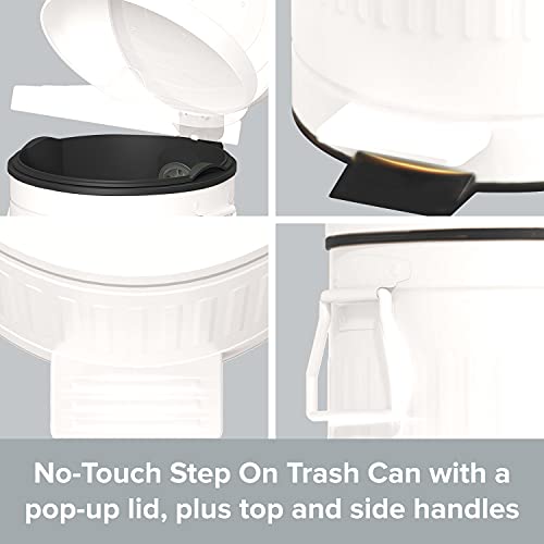 Retro Trash Can with Lid - 5L/1.3 Gal Step Trash Can w/ Soft Closing Lid - Round Garbage Can w/ Handles - Touchless Trash Can w/ Removable Garbage Guard Bucket - Outdoor Garbage Can - Large Trash Bin, White