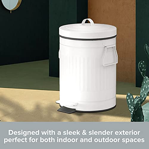 Retro Trash Can with Lid - 5L/1.3 Gal Step Trash Can w/ Soft Closing Lid - Round Garbage Can w/ Handles - Touchless Trash Can w/ Removable Garbage Guard Bucket - Outdoor Garbage Can - Large Trash Bin, White