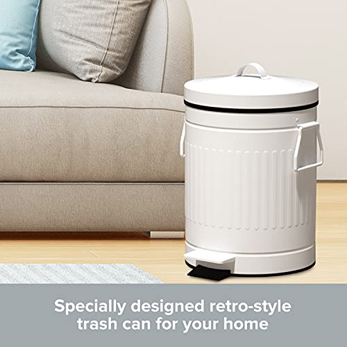 Retro Trash Can with Lid - 5L/1.3 Gal Step Trash Can w/ Soft Closing Lid - Round Garbage Can w/ Handles - Touchless Trash Can w/ Removable Garbage Guard Bucket - Outdoor Garbage Can - Large Trash Bin, White