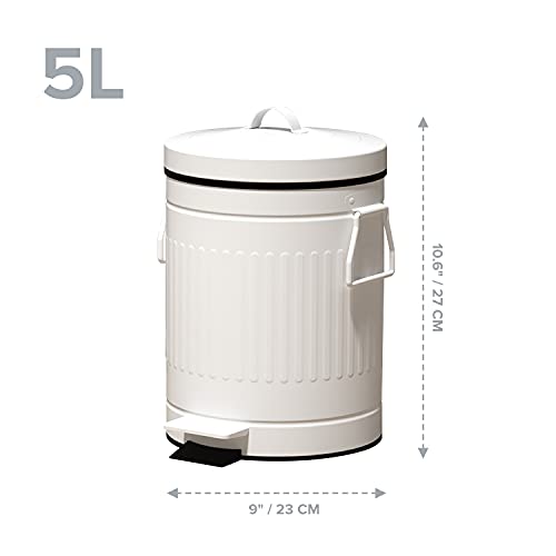 Retro Trash Can with Lid - 5L/1.3 Gal Step Trash Can w/ Soft Closing Lid - Round Garbage Can w/ Handles - Touchless Trash Can w/ Removable Garbage Guard Bucket - Outdoor Garbage Can - Large Trash Bin, White