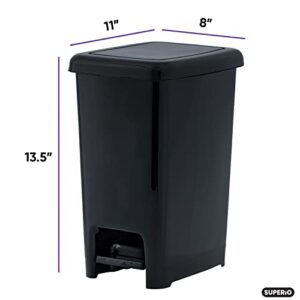 Superio Slim Step On Pedal Plastic Trash Can, Waste Bin for Under Desk, Office, Bedroom, Bathroom, Kitchen (2.5 gal) (Black)