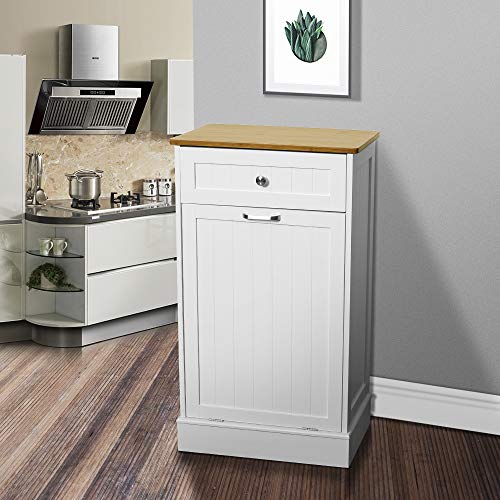 New Kitchen Trash Cabinet,Tilt Out Trash Cabinet with Solid Hideaway Drawer,Free Standing Wooden Kitchen Trash Can Recycling Cabinet Trash Can Holder,Removable Bamboo Cutting Board (White)