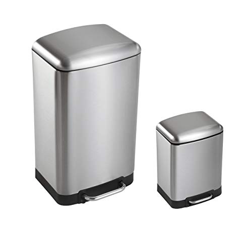 happimess HPM1008A Ashley Rectangular 8-Gallon Trash Can with Soft-Close Lid with Free Mini Trash Can, No Slamming, Fingerprint-Proof, Large: 7.9 Gallons, Small: 1.6 Gallons, Stainless Steel