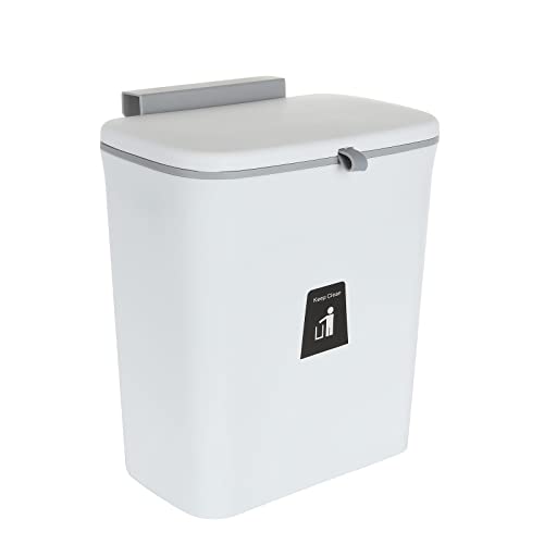 PETTYOLL Hanging Small Trash Can with Lid, 2.4 Gallon Wall Mounted Counter Waste Compost Bin, Hanging Trash Can for Kitchen Cabinet Door or Under Sink, ( Plastic, White)