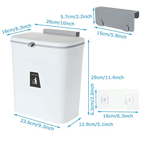 PETTYOLL Hanging Small Trash Can with Lid, 2.4 Gallon Wall Mounted Counter Waste Compost Bin, Hanging Trash Can for Kitchen Cabinet Door or Under Sink, ( Plastic, White)