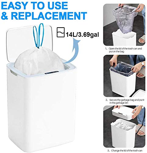 Inductive Trash Can, Non-Touch Sensor Trash Bin 14 Liter/3.7 Gallon Large Capacity Contactless Garbage Can with Lid, Automatic Sensor Waste Basket for Kitchen Home Office Bedroom (White)