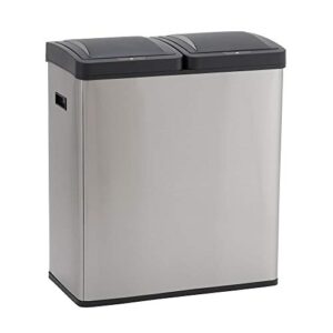 design trend stainless steel dual compartment sensor trash can recycler with soft close lids | two 30 liter / 8 gallon bins, silver