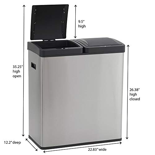 Design Trend Stainless Steel Dual Compartment Sensor Trash Can Recycler with Soft Close Lids | Two 30 Liter / 8 Gallon Bins, Silver