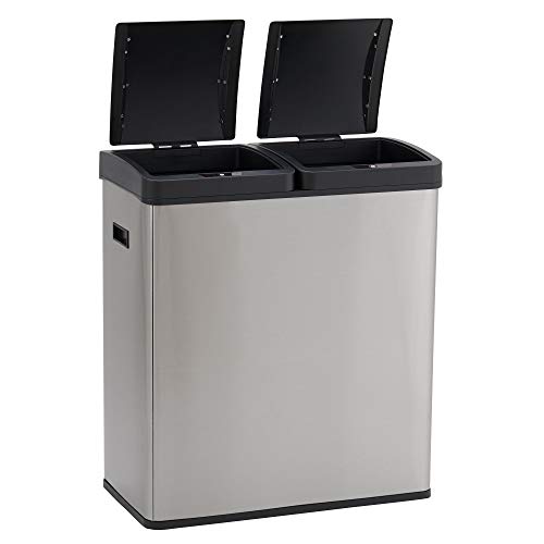 Design Trend Stainless Steel Dual Compartment Sensor Trash Can Recycler with Soft Close Lids | Two 30 Liter / 8 Gallon Bins, Silver