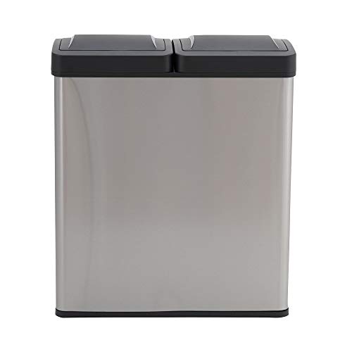 Design Trend Stainless Steel Dual Compartment Sensor Trash Can Recycler with Soft Close Lids | Two 30 Liter / 8 Gallon Bins, Silver