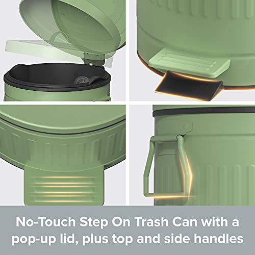 Retro Trash Can with Lid - 8L/2.1Gal Step Trash Can w/ Soft Closing Lid - Round Garbage Can w/ Handles - Touchless Trash Can w/ Removable Garbage Guard Bucket - Outdoor Garbage Can - Large Trash Bin, Green