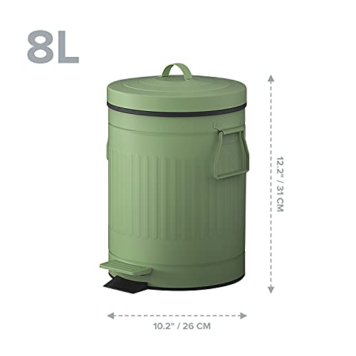 Retro Trash Can with Lid - 8L/2.1Gal Step Trash Can w/ Soft Closing Lid - Round Garbage Can w/ Handles - Touchless Trash Can w/ Removable Garbage Guard Bucket - Outdoor Garbage Can - Large Trash Bin, Green