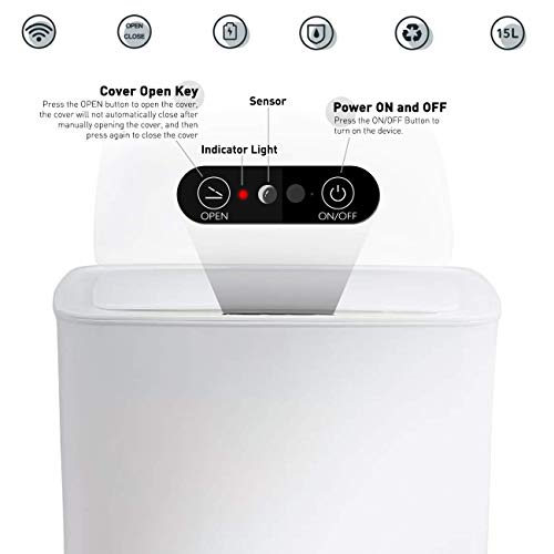 White Automatic Sensor Trash Can, Touchless Inductive Garbage Bin for Bathroom, Kitchen and Bed, Small 3.7 Gallon (14L)