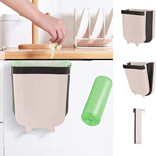 Kitchen Hanging Trash can for Kitchen Cabinet Door 9L/2.4 Gallon Collapsible Foldable Compact Garbage Bins Trash Holder with Trash Bags for Bedroom Office Portable Home & Outdoor Garbage Can (Coffee)