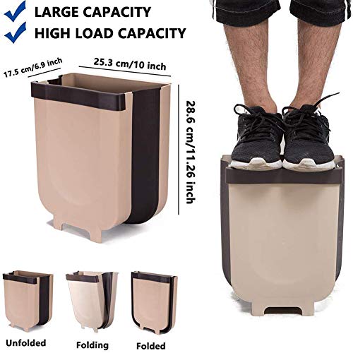 Kitchen Hanging Trash can for Kitchen Cabinet Door 9L/2.4 Gallon Collapsible Foldable Compact Garbage Bins Trash Holder with Trash Bags for Bedroom Office Portable Home & Outdoor Garbage Can (Coffee)