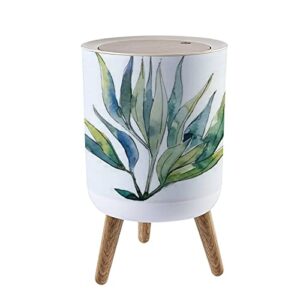 trash can with lid green aquatic underwater nature coral reef tropical plant sea and press cover small garbage bin round with wooden legs waste basket for bathroom kitchen bedroom 7l/1.8 gallon