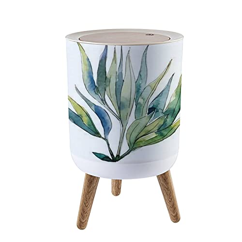 Trash Can with Lid Green Aquatic Underwater Nature Coral Reef Tropical Plant sea and Press Cover Small Garbage Bin Round with Wooden Legs Waste Basket for Bathroom Kitchen Bedroom 7L/1.8 Gallon