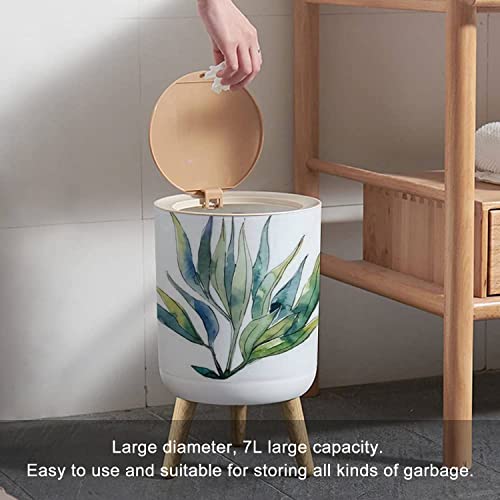 Trash Can with Lid Green Aquatic Underwater Nature Coral Reef Tropical Plant sea and Press Cover Small Garbage Bin Round with Wooden Legs Waste Basket for Bathroom Kitchen Bedroom 7L/1.8 Gallon