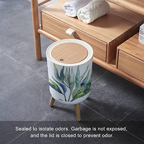 Trash Can with Lid Green Aquatic Underwater Nature Coral Reef Tropical Plant sea and Press Cover Small Garbage Bin Round with Wooden Legs Waste Basket for Bathroom Kitchen Bedroom 7L/1.8 Gallon