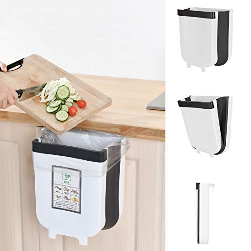 Folding Kitchen Bin Wall Mounted Trash Can Collapsible Small Compact Garbage Bin Hanging Waste Contanier Attached to Cabinet Door Space Save For Kitchen Garden Office School Bathroom (9L, White)