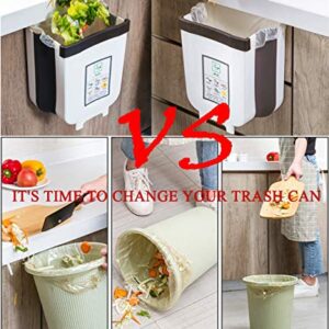 Folding Kitchen Bin Wall Mounted Trash Can Collapsible Small Compact Garbage Bin Hanging Waste Contanier Attached to Cabinet Door Space Save For Kitchen Garden Office School Bathroom (9L, White)