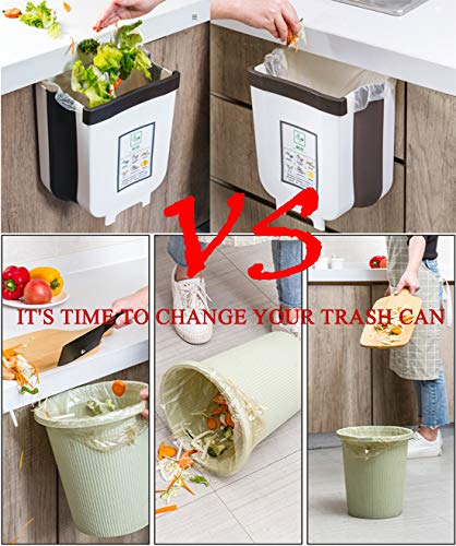 Folding Kitchen Bin Wall Mounted Trash Can Collapsible Small Compact Garbage Bin Hanging Waste Contanier Attached to Cabinet Door Space Save For Kitchen Garden Office School Bathroom (9L, White)