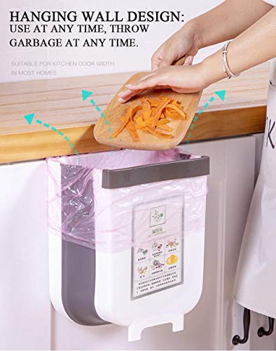 Folding Kitchen Bin Wall Mounted Trash Can Collapsible Small Compact Garbage Bin Hanging Waste Contanier Attached to Cabinet Door Space Save For Kitchen Garden Office School Bathroom (9L, White)