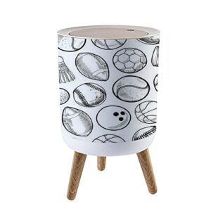 nordic style trash can – doodle style sports equipment seamless ready to be tiled push top trash can with lid – scandinavian modern garbage can – round trash bin w/ legs for kitchen/bathroom/dog proof, 1.8 gallon – 7l