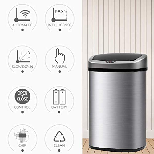 Meet perfect 13 Gallon Stainless Steel Kitchen Trash Can with Lid Touch-Less Automatic Garbage Can Rubbish Bin with Infrared Motion Sensor for Bedroom，Kitchen, Office