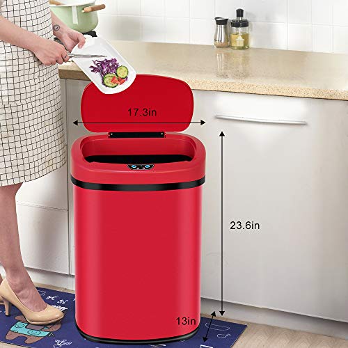 Automatic Trash Can 13 Gallons Garbage Can Waste Bin with Lid Kitchen Touchless Sensor Trash Bins Brushed Stainless Steel Garbage Bin for Home Office Bathroom, Red