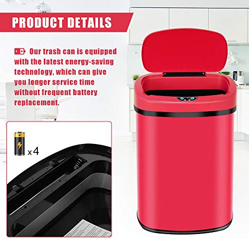 Automatic Trash Can 13 Gallons Garbage Can Waste Bin with Lid Kitchen Touchless Sensor Trash Bins Brushed Stainless Steel Garbage Bin for Home Office Bathroom, Red