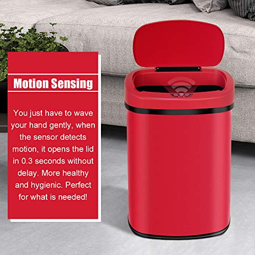 Automatic Trash Can 13 Gallons Garbage Can Waste Bin with Lid Kitchen Touchless Sensor Trash Bins Brushed Stainless Steel Garbage Bin for Home Office Bathroom, Red