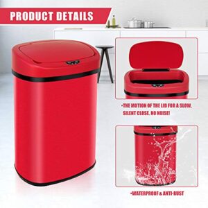 Automatic Trash Can 13 Gallons Garbage Can Waste Bin with Lid Kitchen Touchless Sensor Trash Bins Brushed Stainless Steel Garbage Bin for Home Office Bathroom, Red