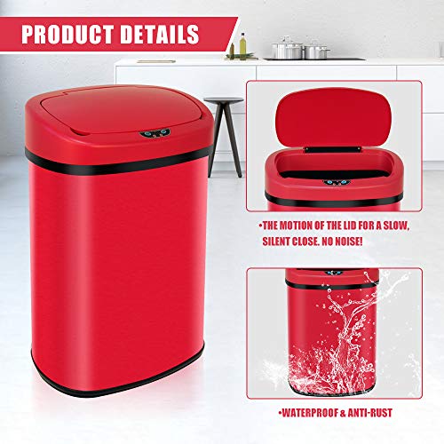 Automatic Trash Can 13 Gallons Garbage Can Waste Bin with Lid Kitchen Touchless Sensor Trash Bins Brushed Stainless Steel Garbage Bin for Home Office Bathroom, Red