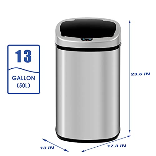 13 Gallon 50 Liter Garbage Can Automatic Kitchen smart motion sensor Trash Motion Sensor Automatic Closure & Opening Touchless Garbage Bin Anti-fingerprint Mute Designed Trash Bin for Office Bedroom Bathroom (Silver2)