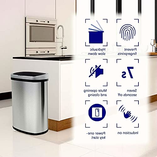 13 Gallon 50 Liter Garbage Can Automatic Kitchen smart motion sensor Trash Motion Sensor Automatic Closure & Opening Touchless Garbage Bin Anti-fingerprint Mute Designed Trash Bin for Office Bedroom Bathroom (Silver2)