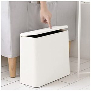 modern wastebasket thin trash can,small rectangular dog proof plastic trash bin,3.2 gallon/12 liter slim plastic trash can wastebasket with press type lid, white