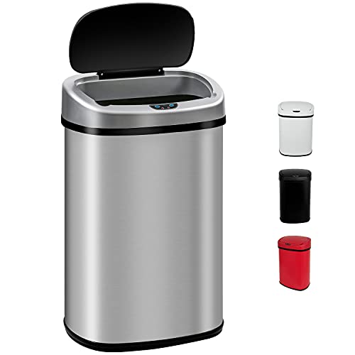 R/E Kitchen Trash Can Garbage Can Stainless Steel Trash Can with Lid 13 Gallon High-Capacity Touchless Trash Can Automatic Garbage Can Fingerprint-Proof for Office Bedroom Bathroom